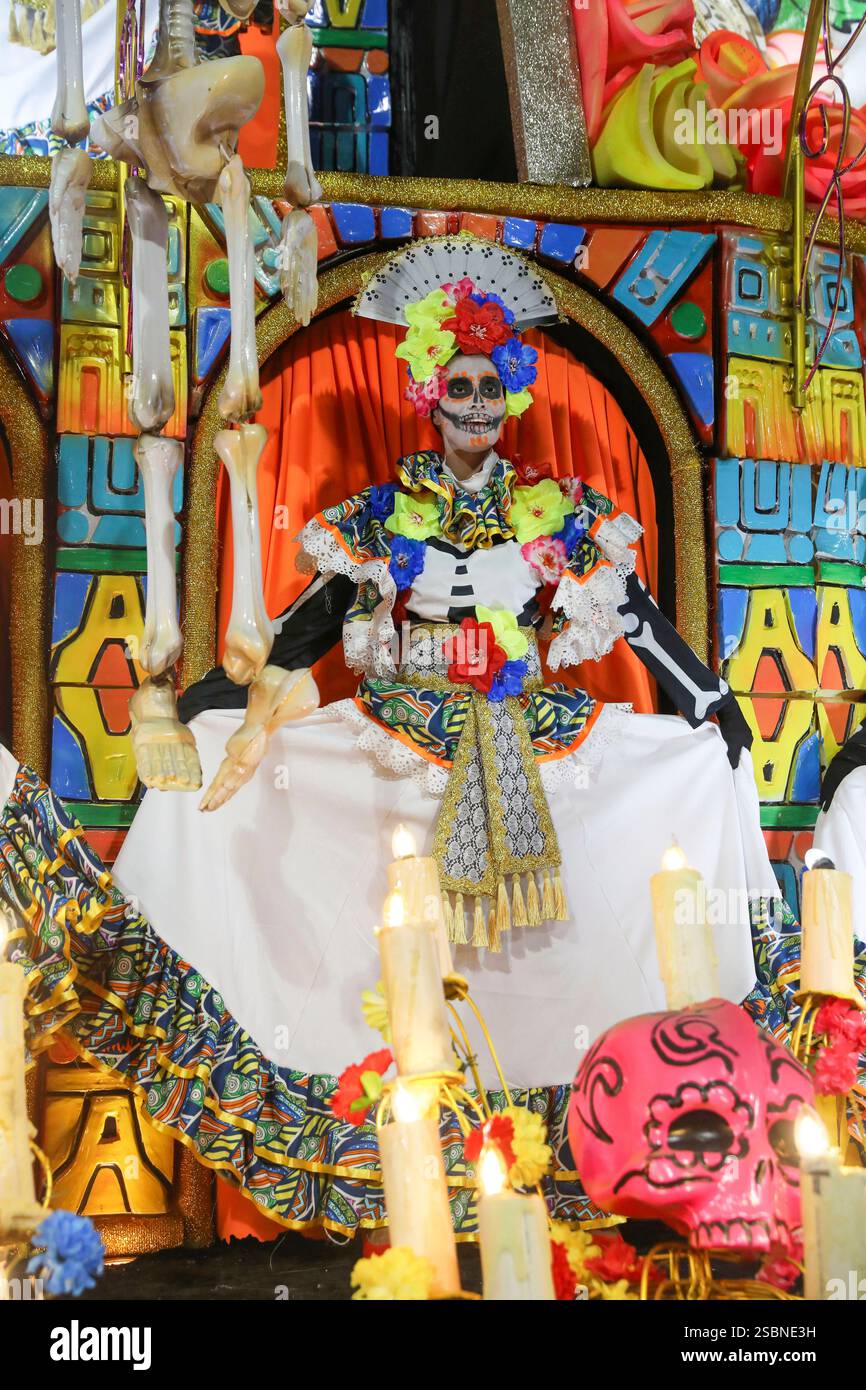 Brazil, Rio de Janeiro, woman dressed as a Mexican on a float decorated ...