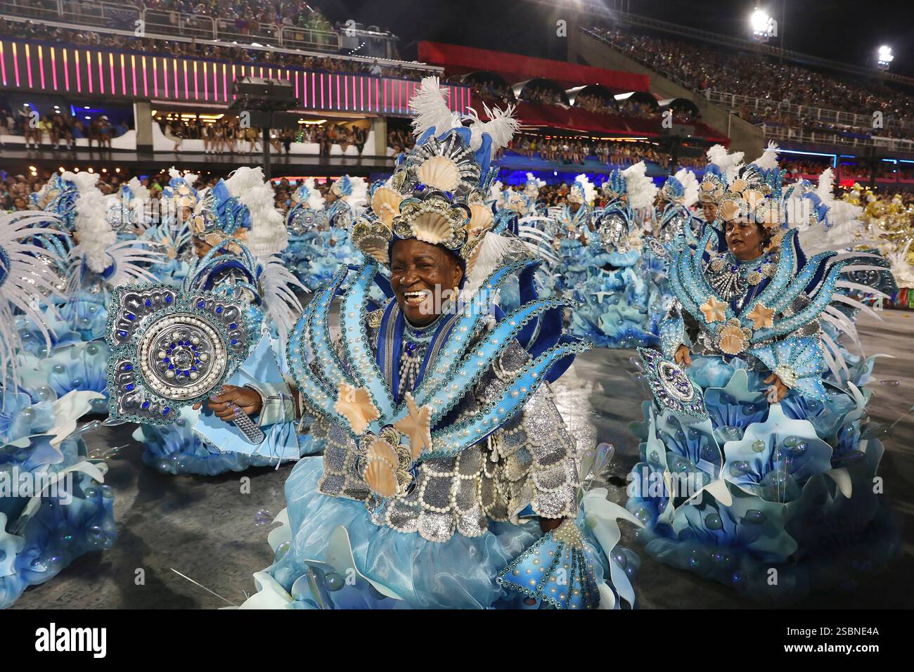 Brazil, Rio de Janeiro, dancers from a samba school in aquatic costume ...