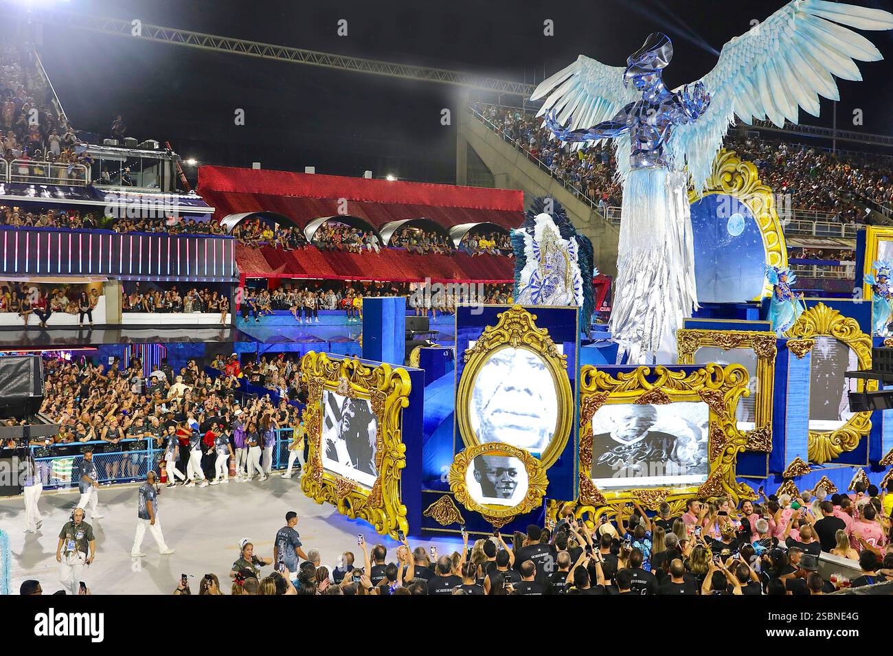 Brazil, Rio de Janeiro, float of a samba school decorated with a giant ...