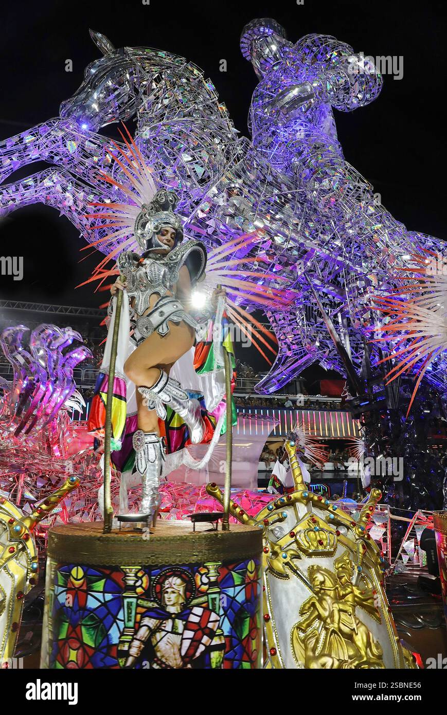 Brazil, Rio de Janeiro, float of a samba school decorated with a giant ...