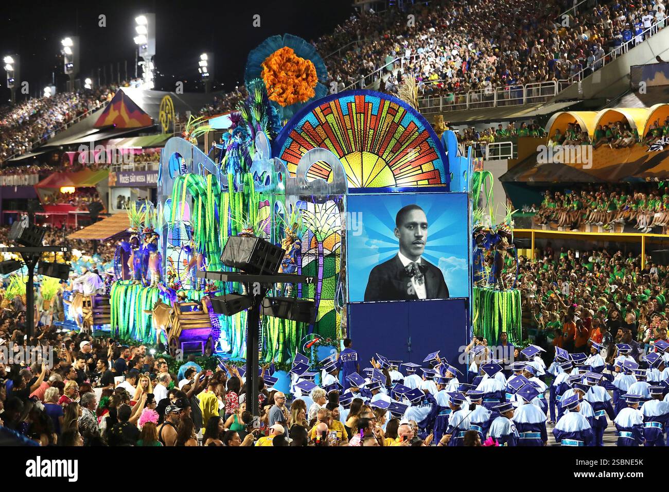 Brazil, Rio de Janeiro, a samba school float and dancers parade through ...