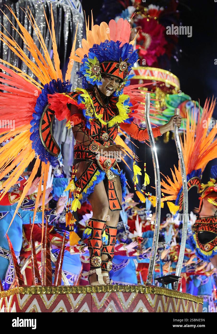 Brazil, Rio de Janeiro, dancers from a samba school in exuberant Aztec ...