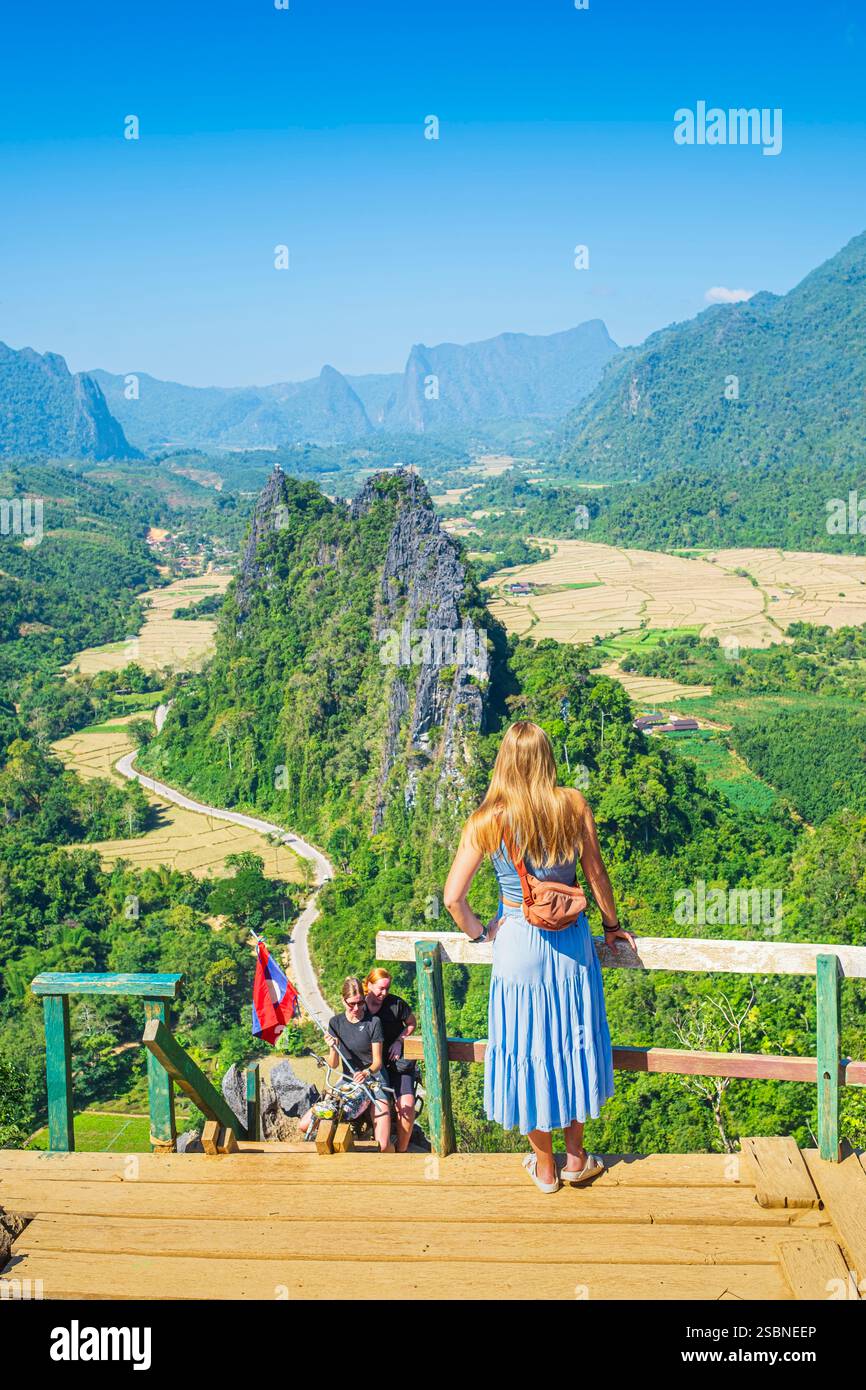 Laos, Vientiane province, Vang Vieng, panoramic view from Nam Xay ...