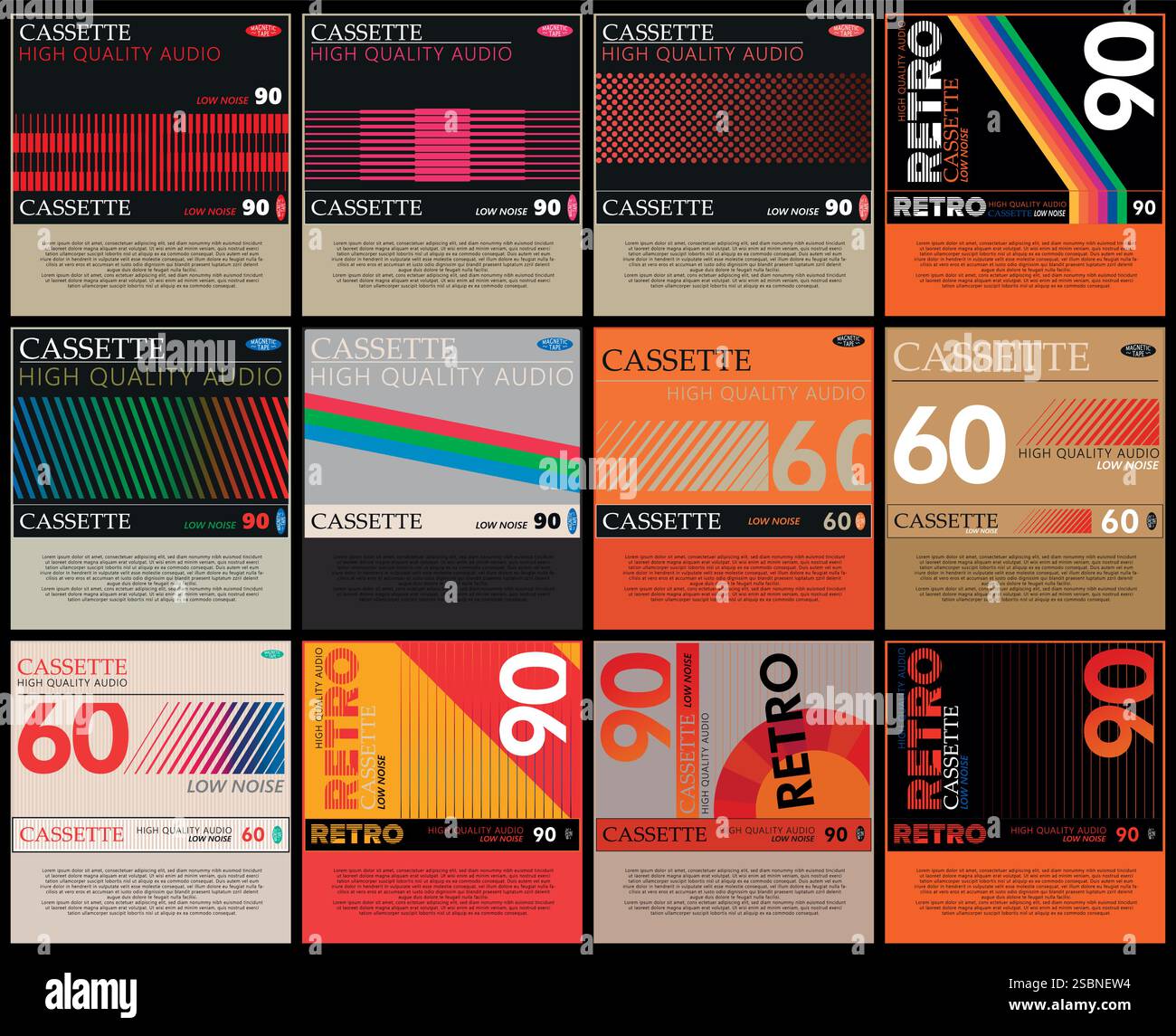 set of 1980s Retro audio cassette cover art design, vector Stock Vector ...