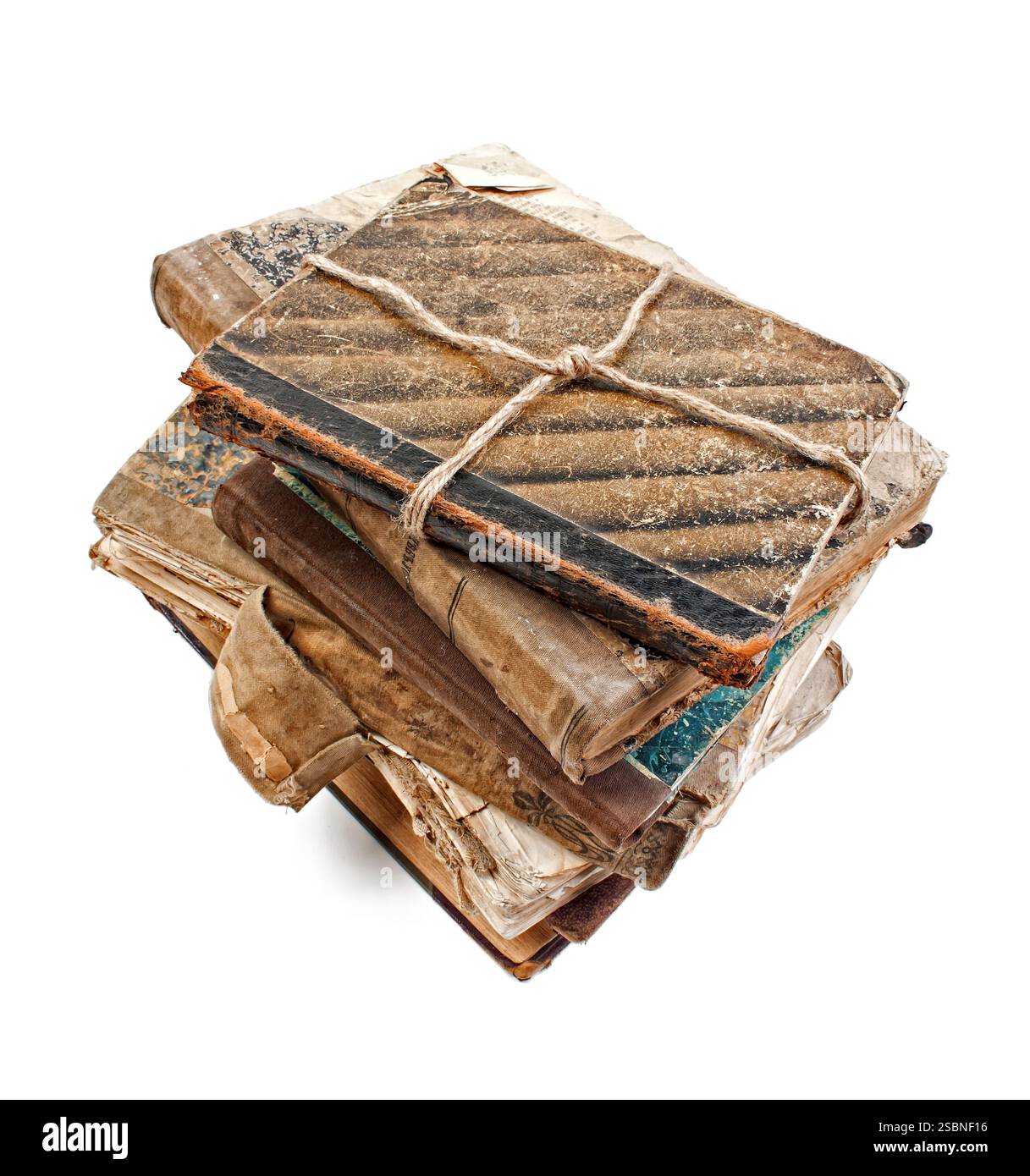 An old book with a crumpled sheet and hardcover isolated on white ...