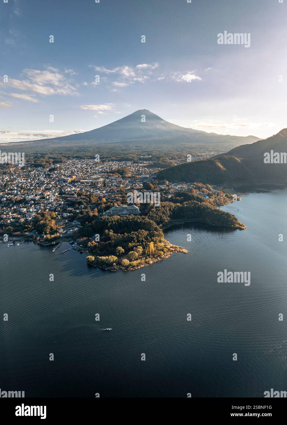 Japan, Honshu, Kawaguchiko, aerial view of Mount Fuji and red maples (momiji) from the shores of ...