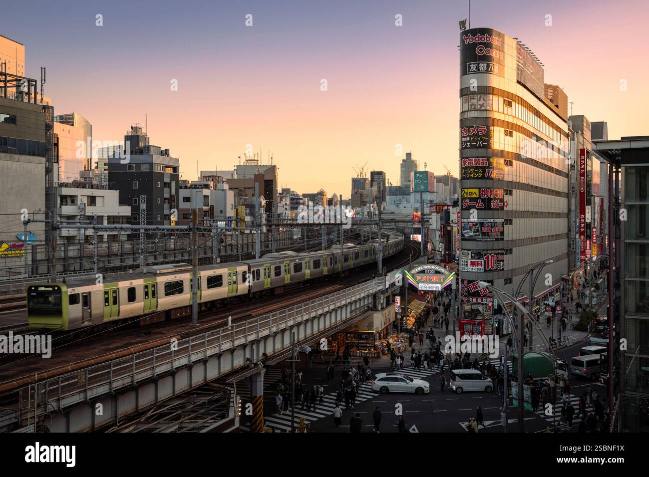 Japan, Honshu, Tokyo, Ueno, view of a Yamanote line train entering Ueno ...