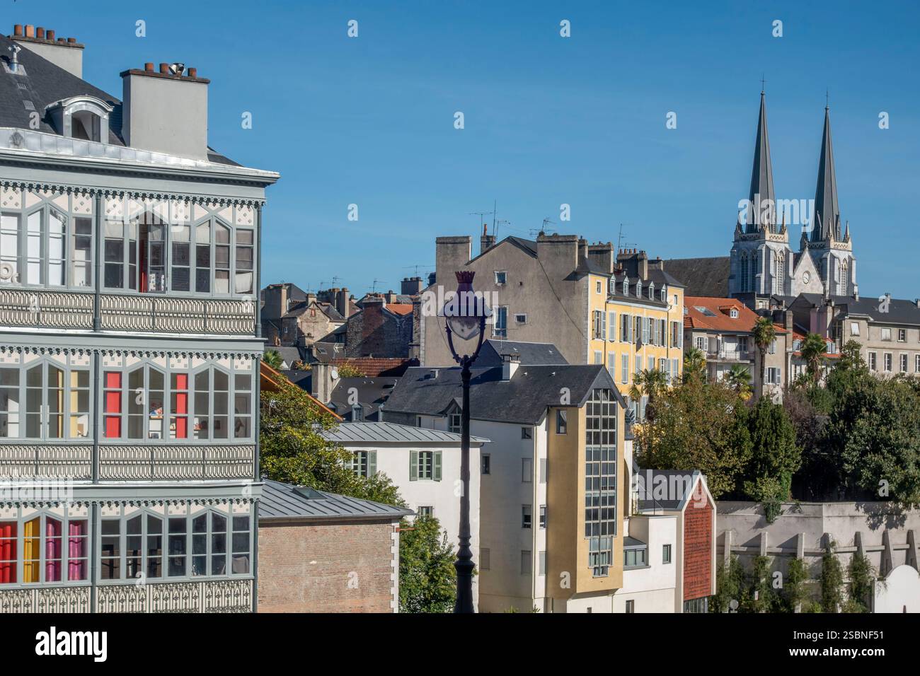 France, Pyrennees Atlantique, Pau, Bow Window, coloured glass work ...