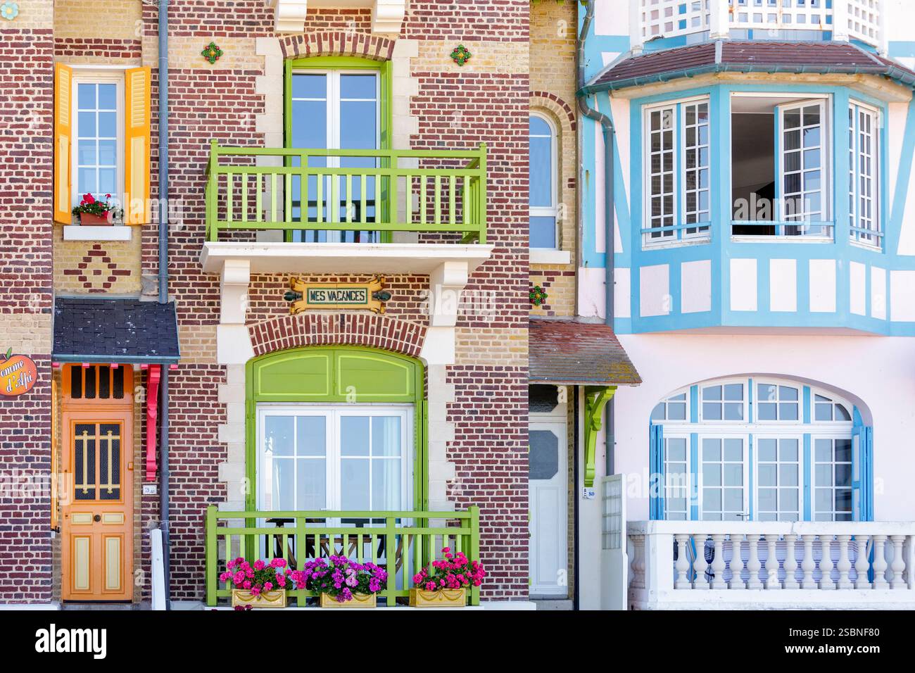 France, Somme, Baie de Somme (bay of Somme), Mers les Bains, facades of the houses Pomme d'Api ...