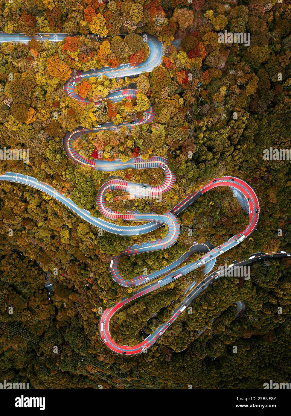 Japan, Honshu, Hakone, aerial view of a winding road on the side of a ...