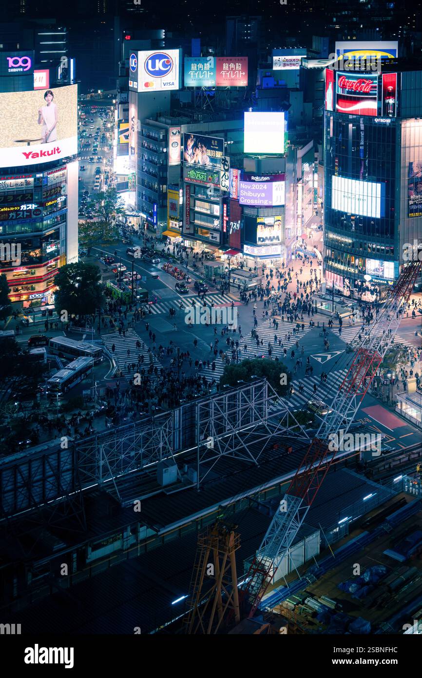 Japan, Honshu, Tokyo, night view of Shibuya Scramble pedestrian ...