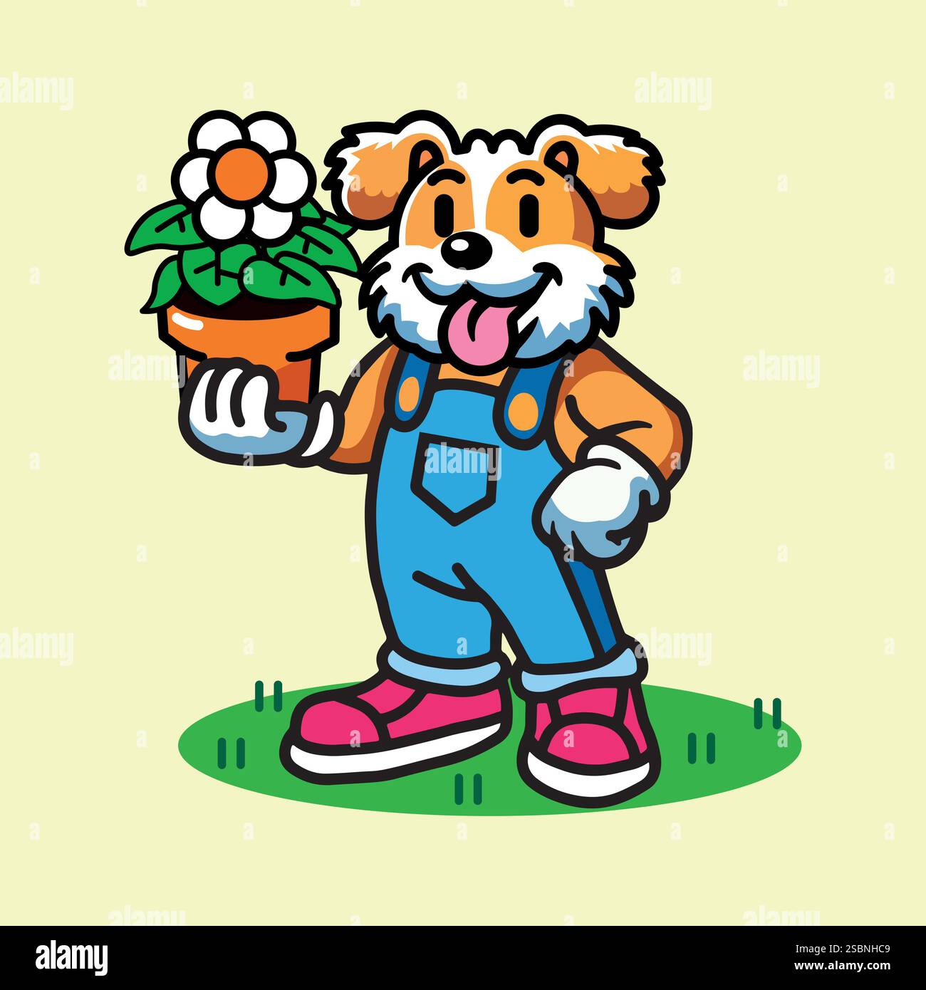 Funny cartoon mascot of a gardener dog in apron, holding a flower in a ...