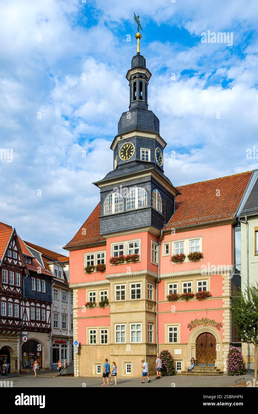 Everyday scene on the market square in front of the historic town hall ...