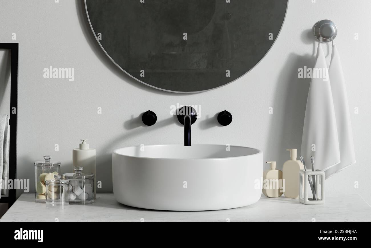 Minimalist bathroom setup with white sink and round mirror, 3D render ...