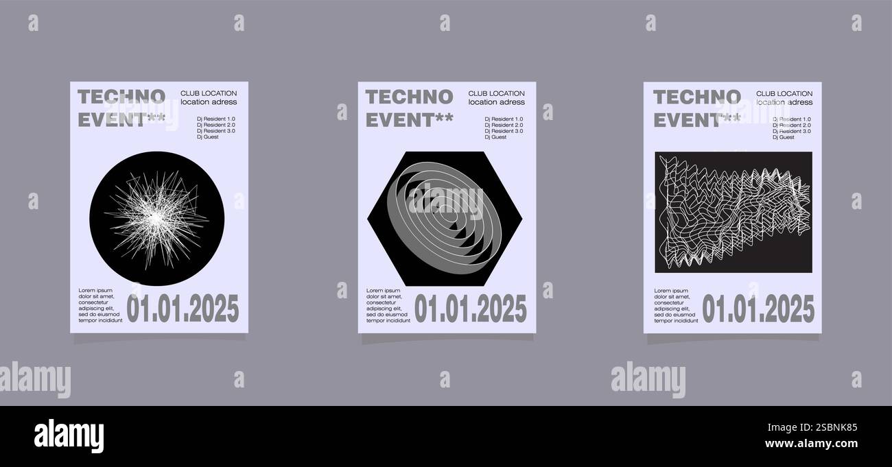 vector set of abstract posters for techno music event. Club party ...