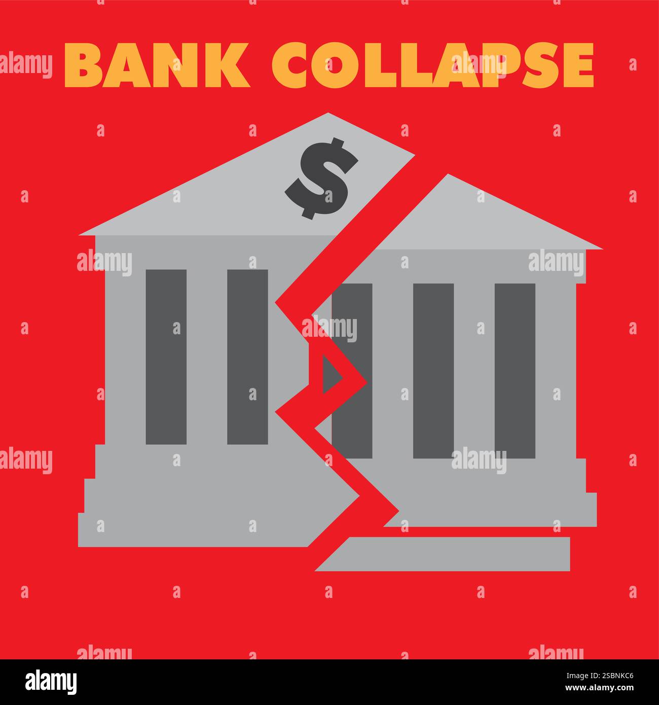 Bank collapse illustration, building with a crackle, red background ...