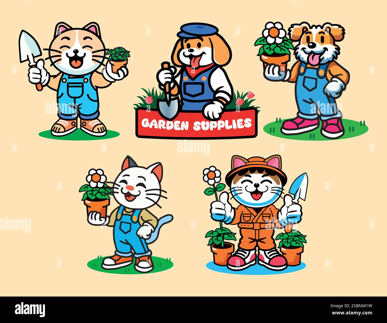 Funny set of cartoon gardening mascots of a cat and dog in apron ...
