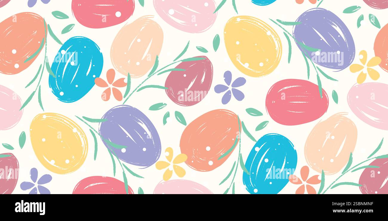Colored eggs, flowers and herbs seamless pattern. Pastel delicate Easter background. Textured ...