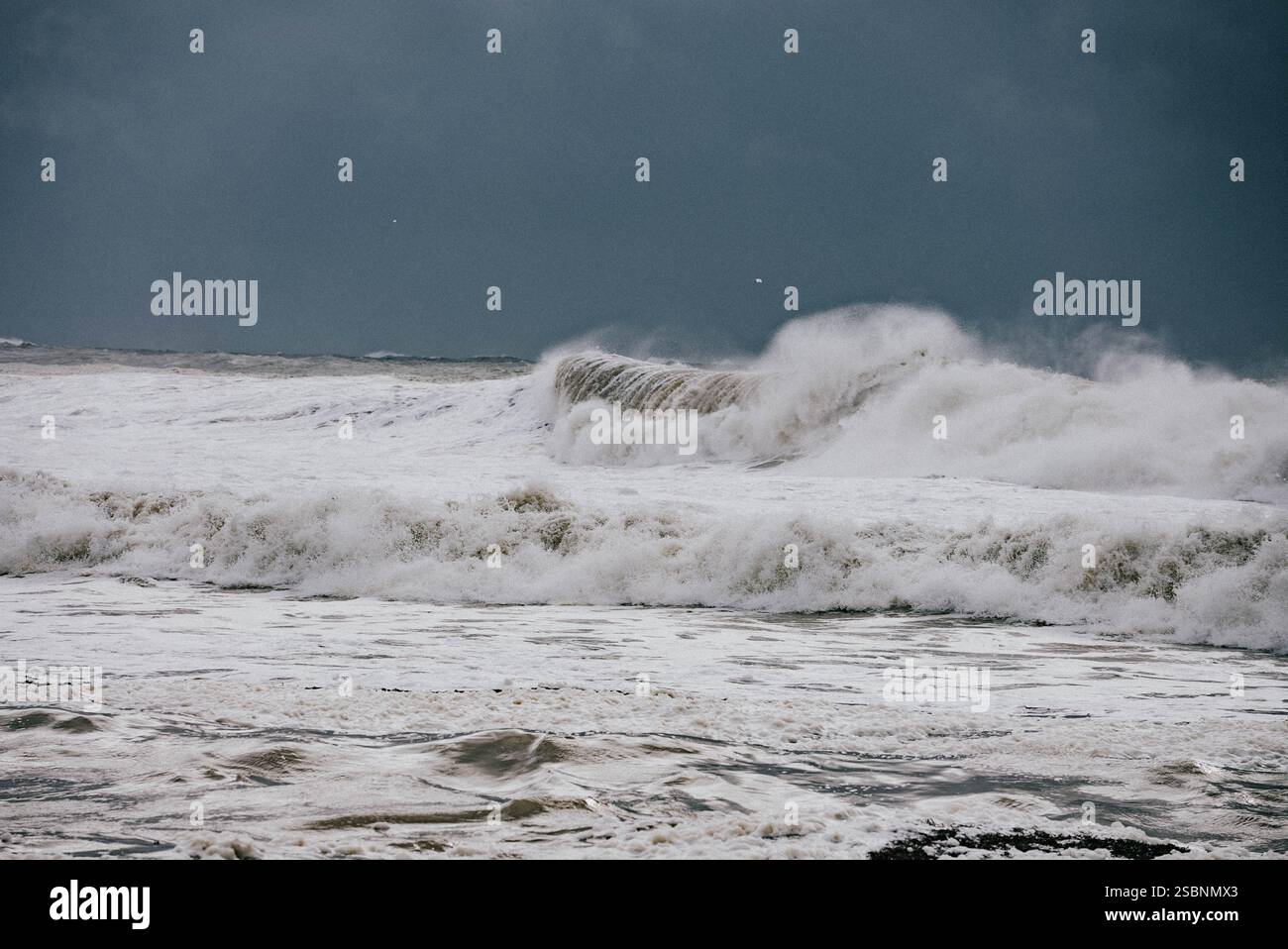 The ocean is rough and the waves are high. The sky is dark and cloudy ...