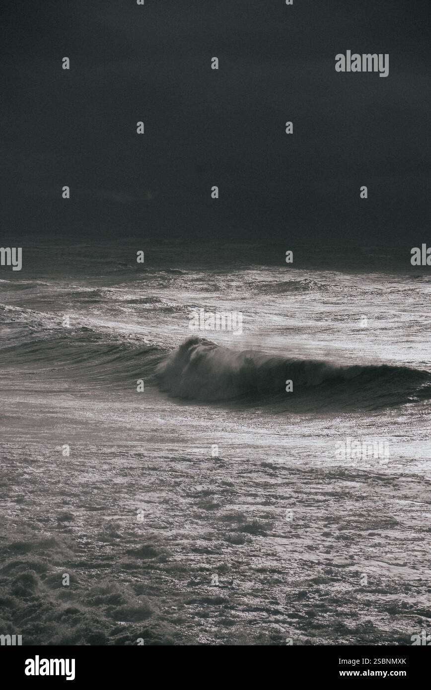 A wave is crashing on the shore, creating a sense of power and movement ...