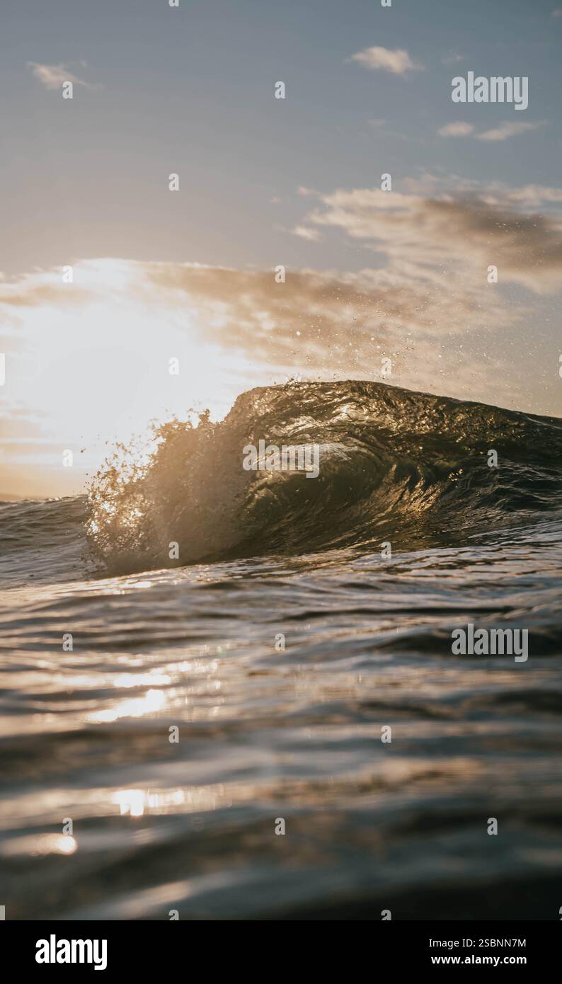 The image captures a beautiful moment of a wave crashing onto the shore ...