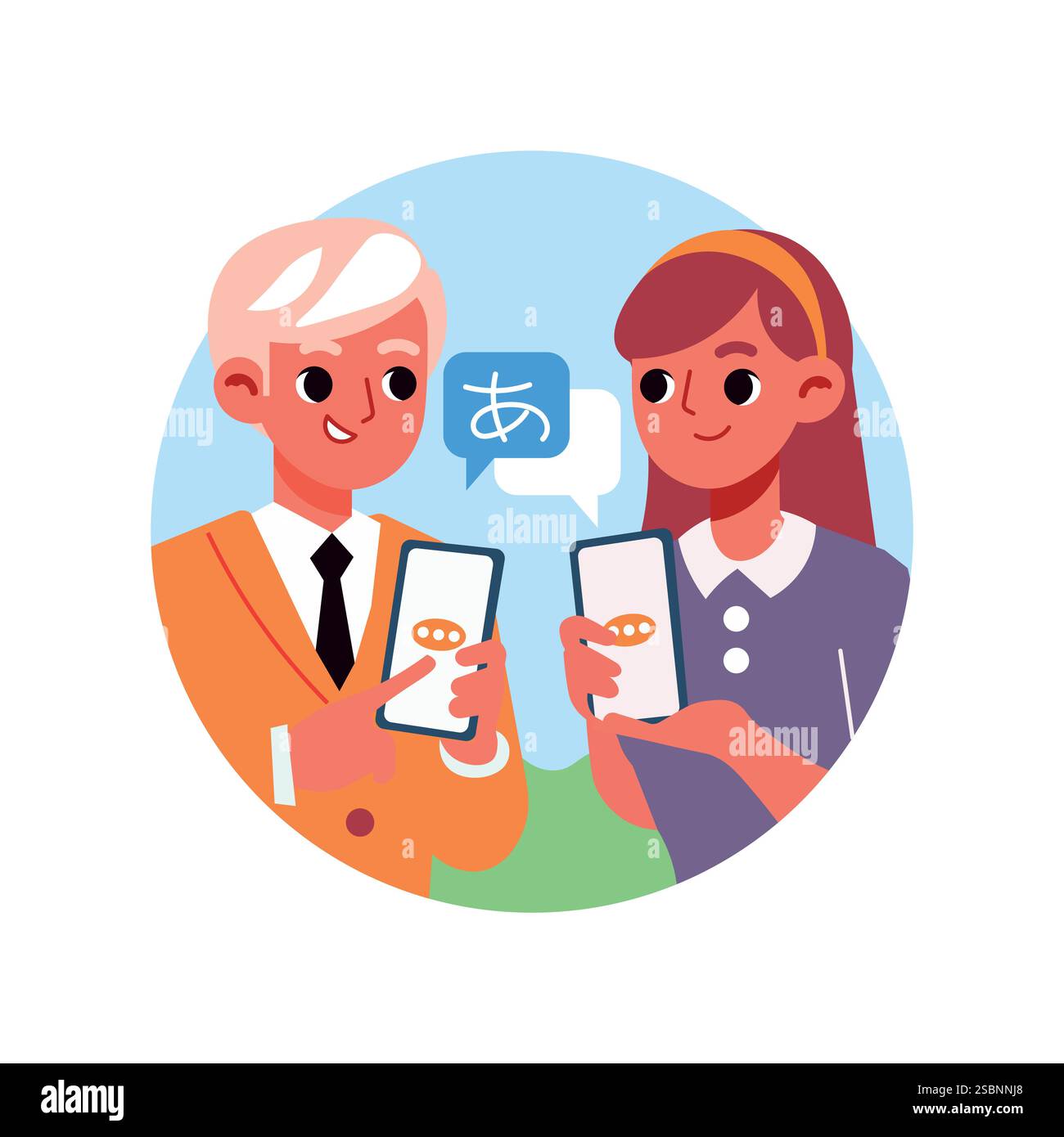Illustration Of A Man And Woman Using A Language Translation App On Their Smartphones With A