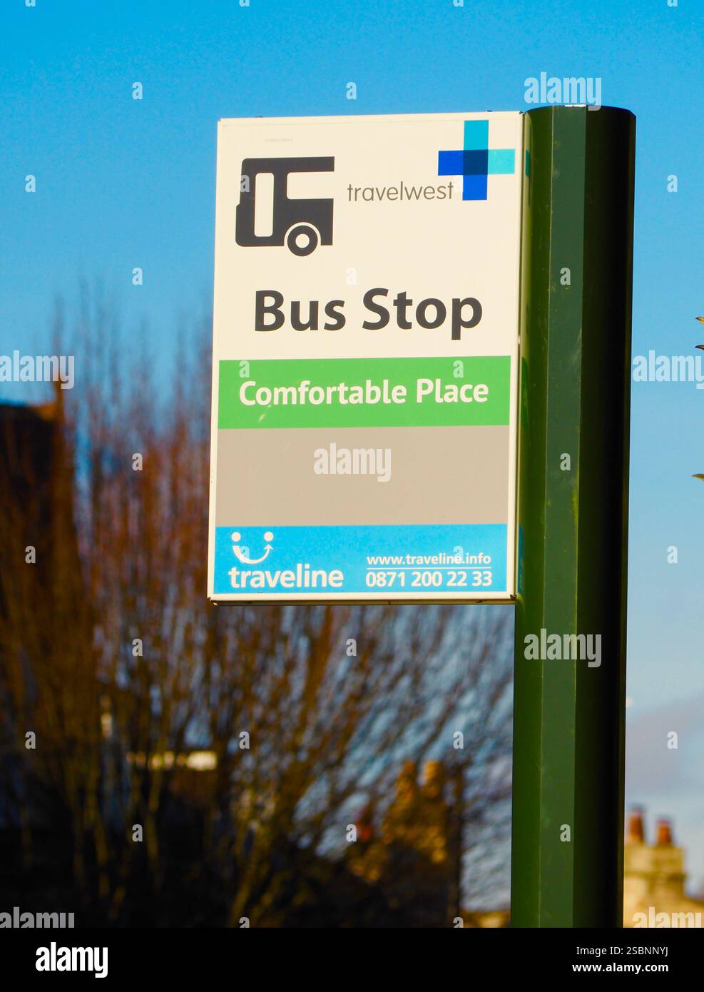 Travelwest bus stop sign with bus logo at Comfortable Place, Upper ...