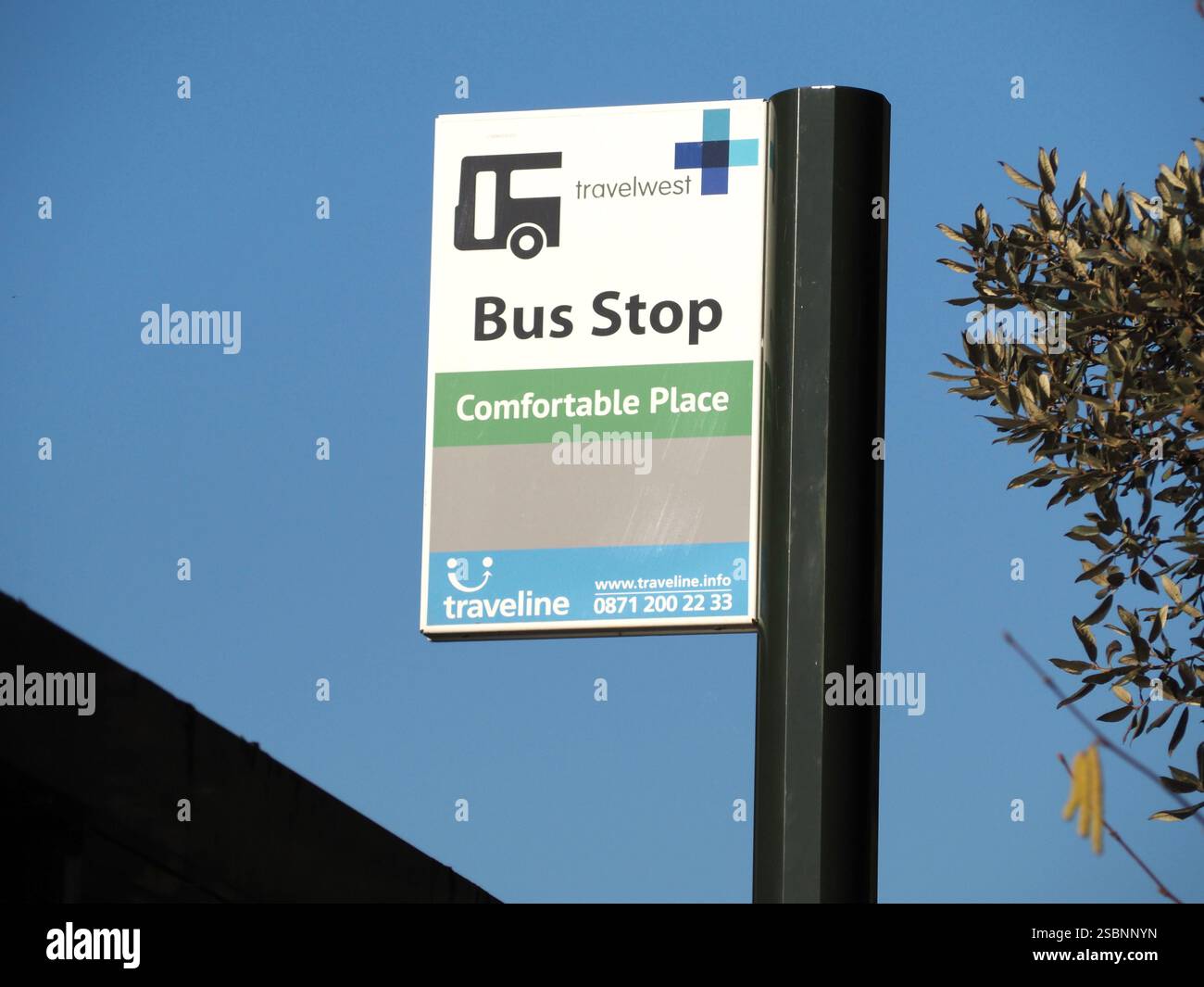 Travelwest bus stop sign with bus logo at Comfortable Place, Upper ...