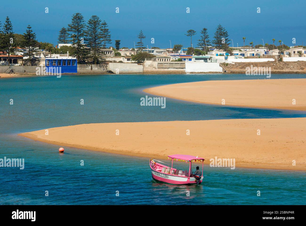 Morocco, Sidi Bennour province, Oualidia, Moroccan pink boat in the ...