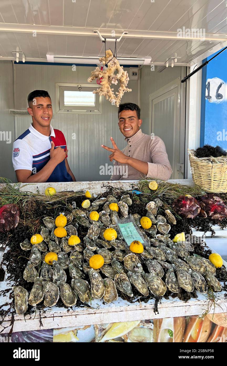 Morocco, Sidi Bennour province, Oualidia, young Moroccan oyster sellers ...