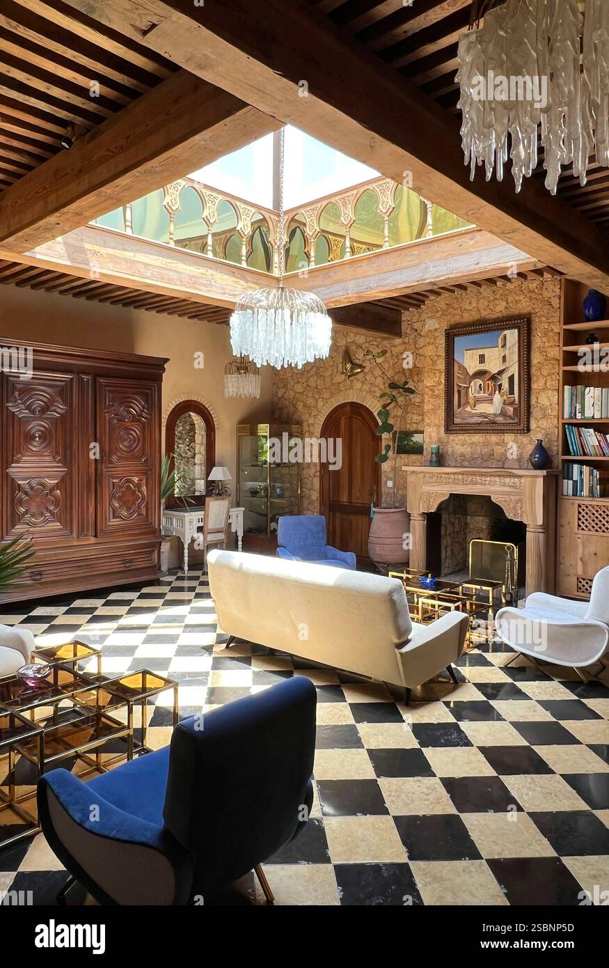 Morocco, Sidi Bennour province, Oualidia, living room with checkerboard ...