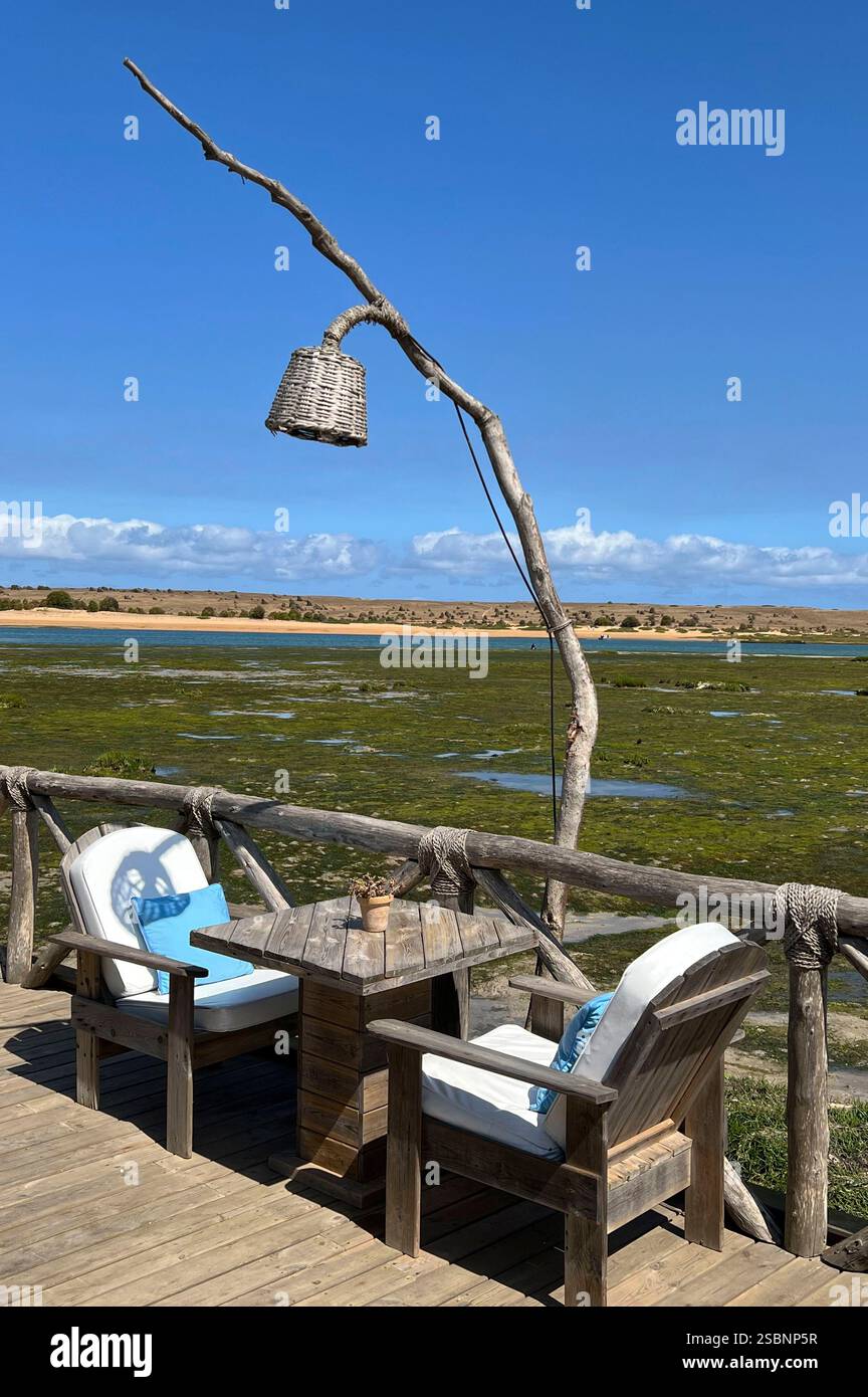 Morocco, Sidi Bennour province, Oualidia, wooden terrace of the O bar ...