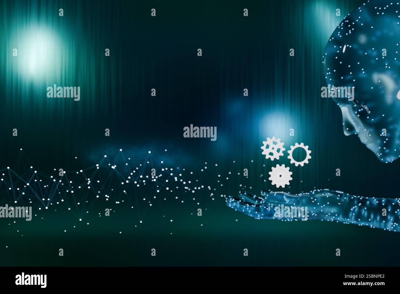 Digital representation of a humanlike figure interacting with gears ...
