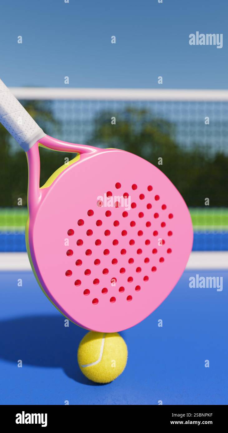 A bright pink paddle padel on a tennis ball, set against a clear blue ...
