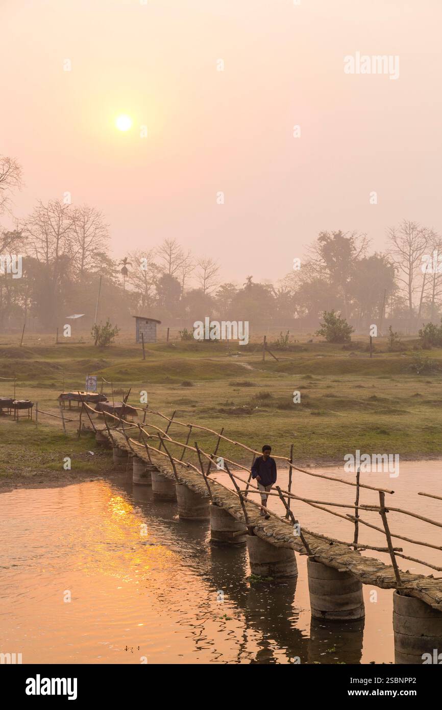 Nepal, Chitwan National Park, Sauraha, bridge crossing the river to ...