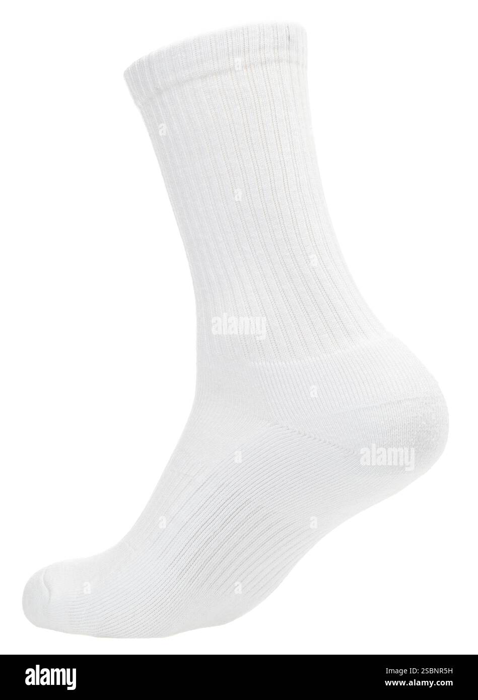 A single white athletic ribbed crew sock on a mannequin foot isolated ...
