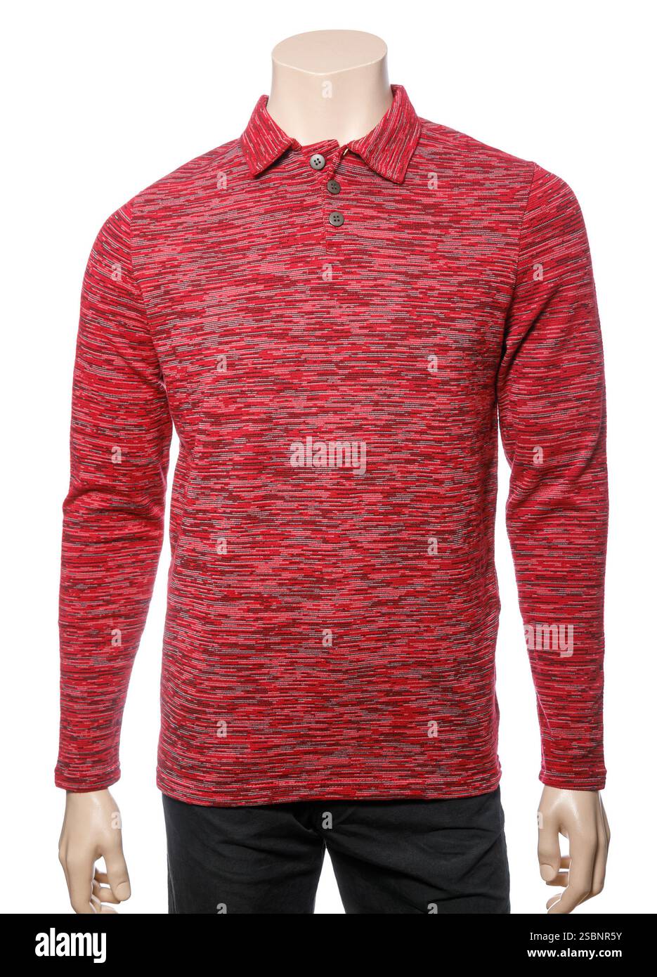 Red heathered long-sleeve polo shirt with a button-up collar on ...