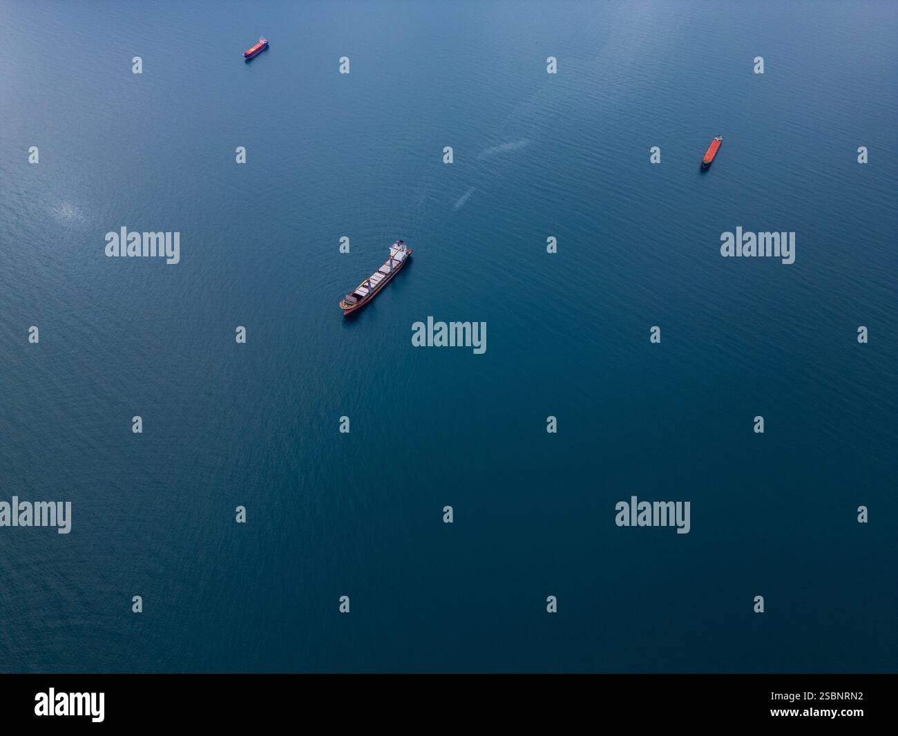 An aerial perspective of cargo ships floating on the open sea ...