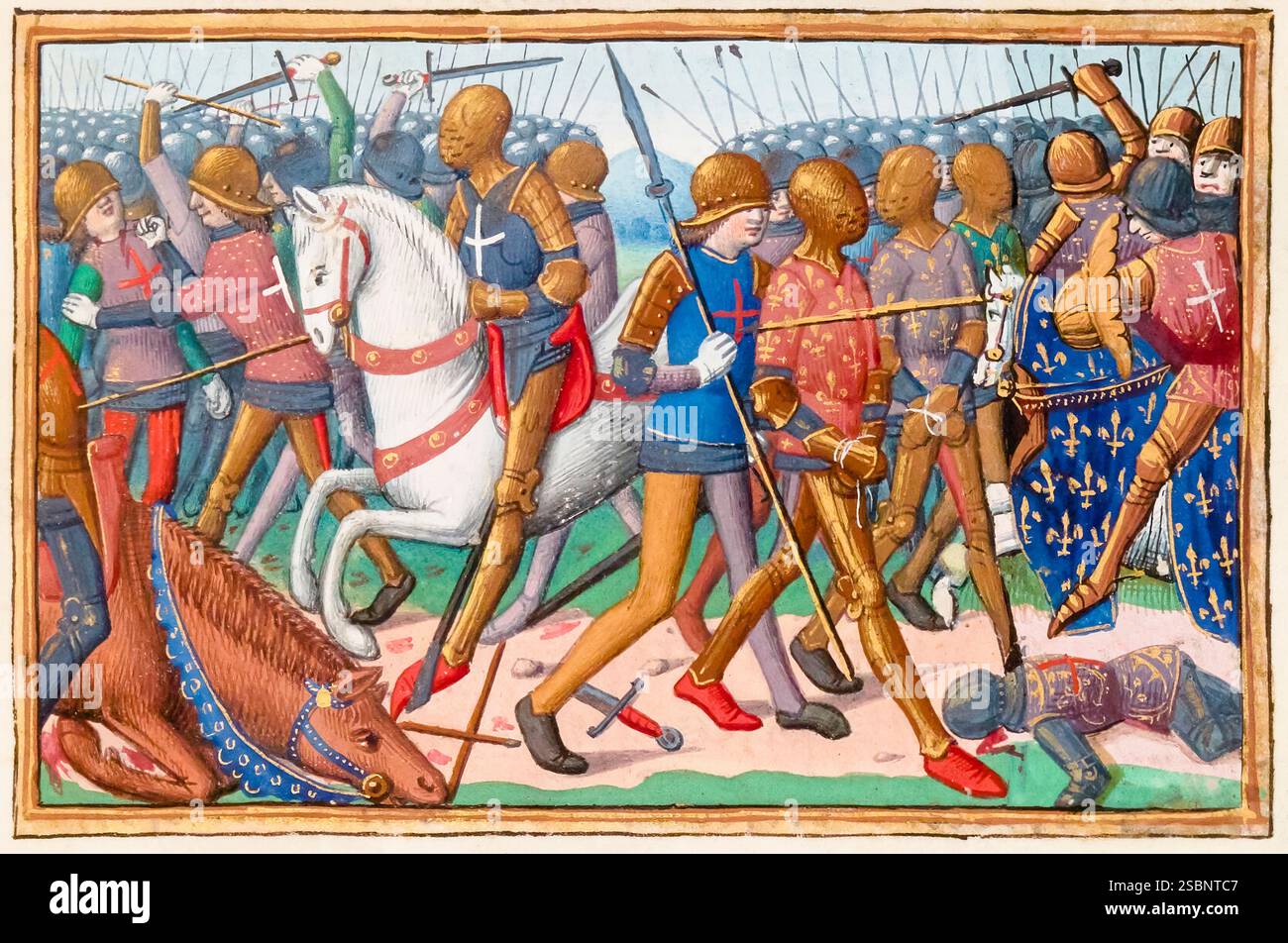The Battle of Agincourt, 25th October 1415, illuminated manuscript painting, circa 1484 Stock ...