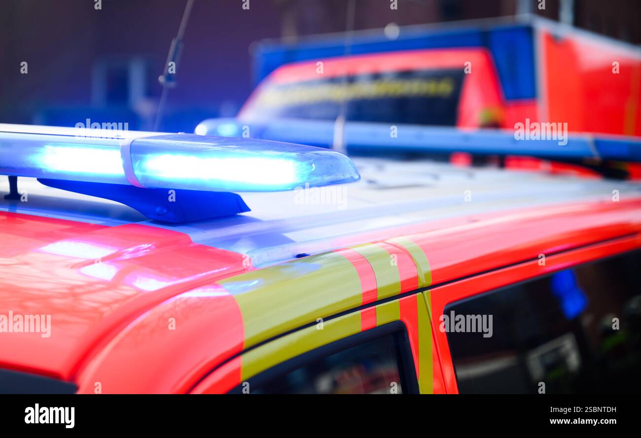 Hanover, Germany. 03rd Feb, 2025. Blue lights light up at an emergency ...