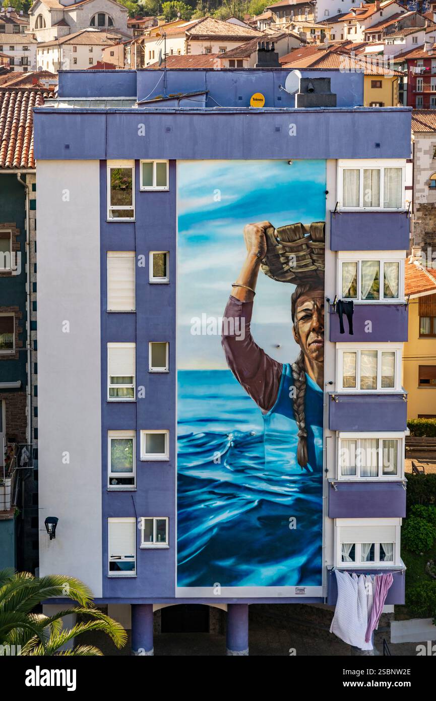 Spain, Basque Country, Guipuzcoa, Mutriku, Mural by street artist ...