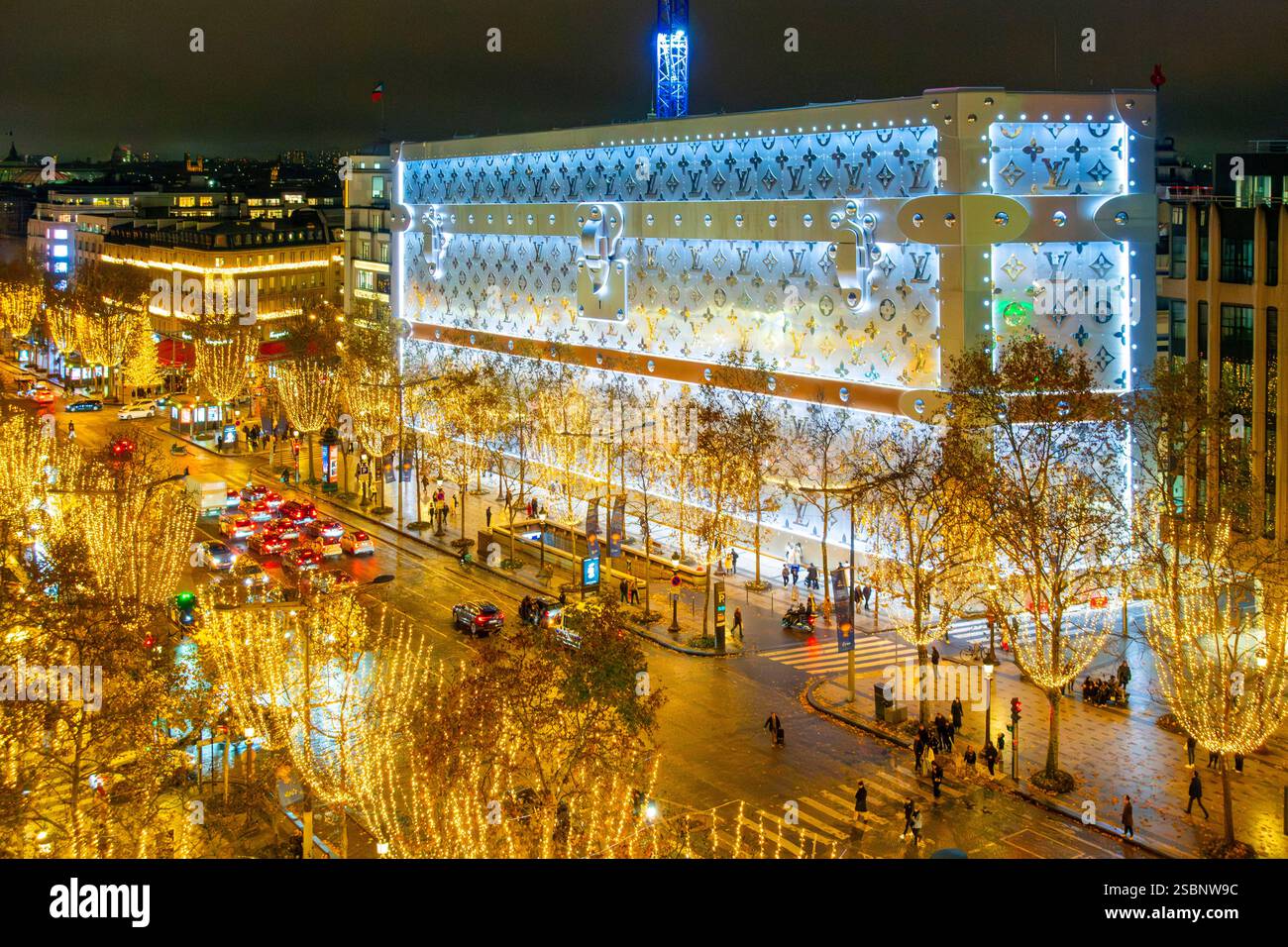 France, Paris, Champs Elysees, the Louis Vuitton building covered with ...