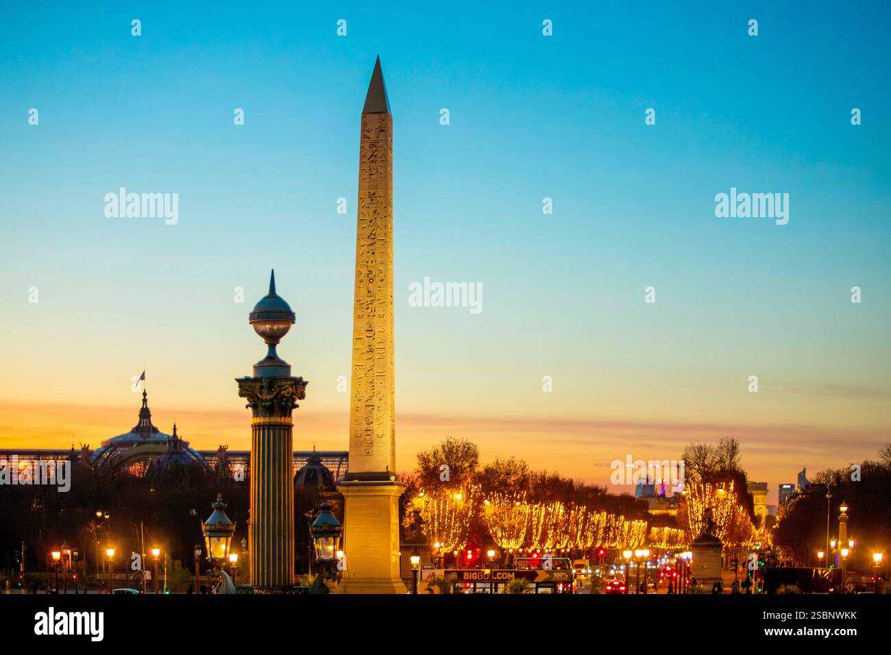 France, Paris, Obelisk of the Concorde and the Champs Elysees ...