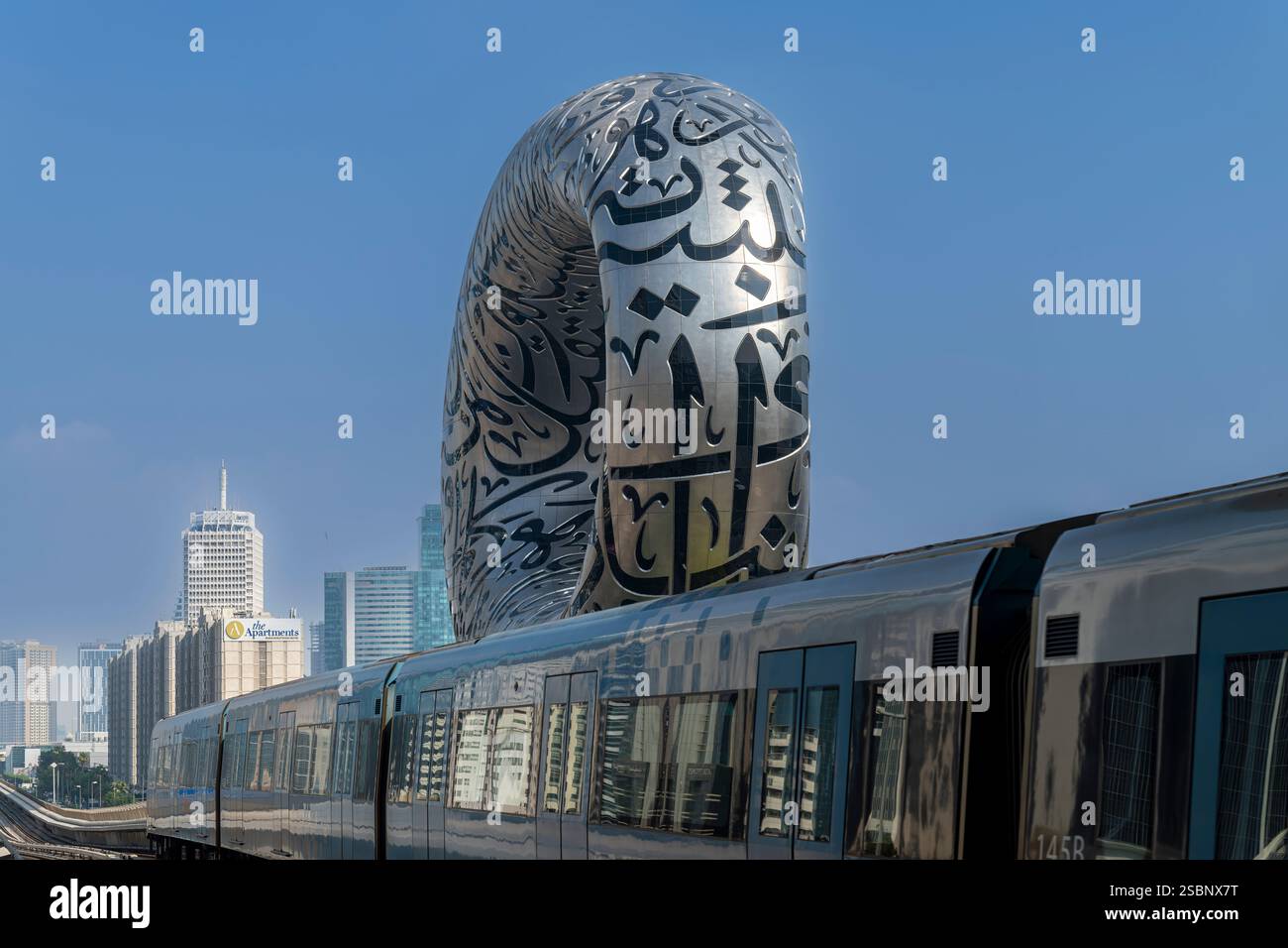 Metro train in front of the Museum of the Future: science, technology ...
