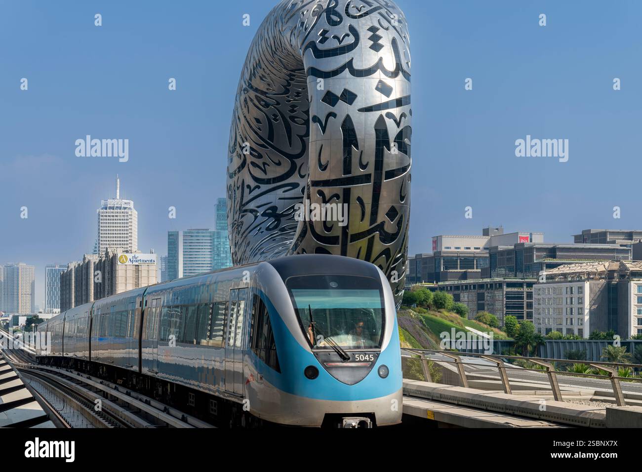Metro train in front of the Museum of the Future: science, technology ...