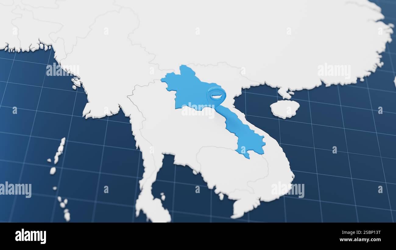 Blue Laos 3d map with pointer pin surrounded with other countries in ...