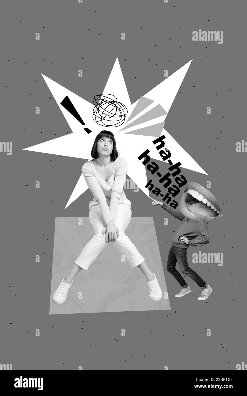 Weird freak poster collage of bully person loud laughing pointing abuse ...