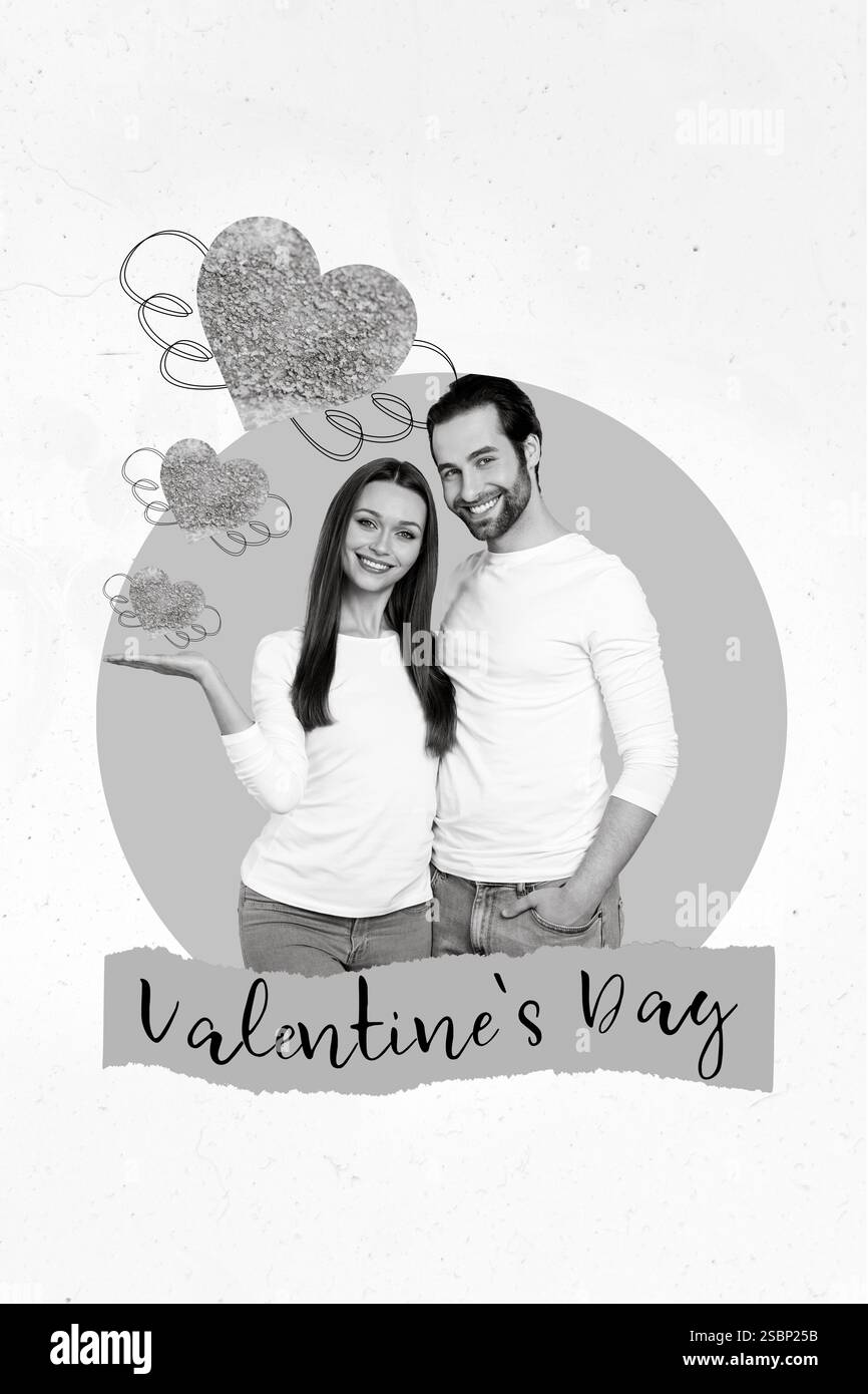 Vertical collage picture of two cheerful partners embrace hand hold ...