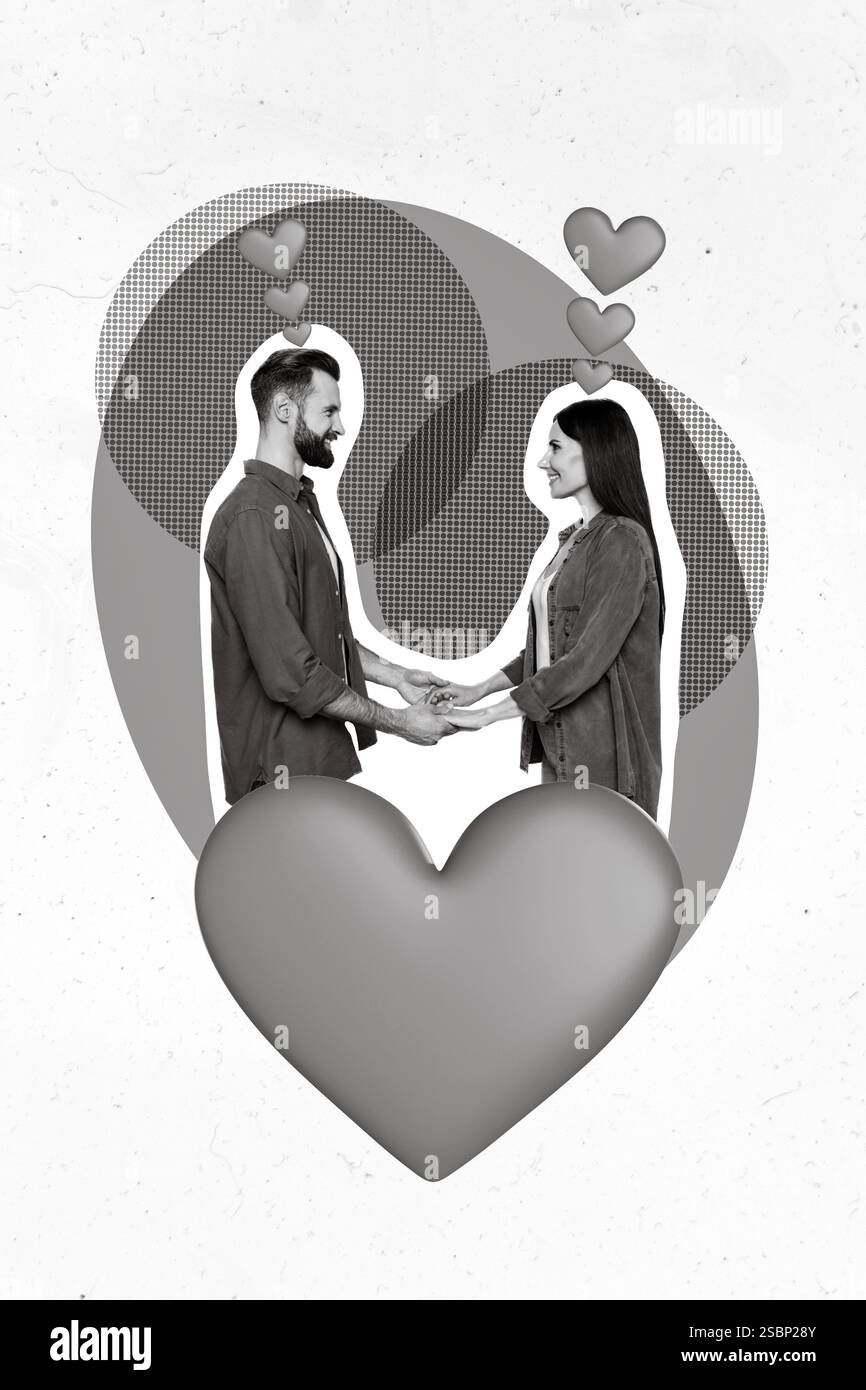 Vertical collage image of two positive peaceful partners look each ...
