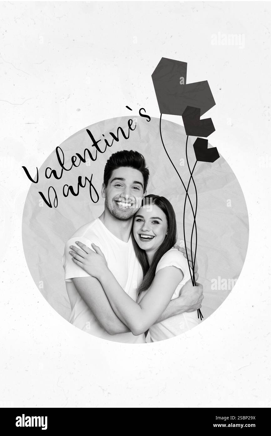 Vertical collage image of two cheerful peaceful partners cuddle hug ...